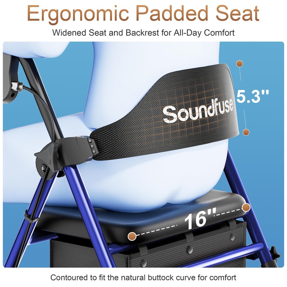 Soundfuse Rollator Walkers with Seat for Seniors, Foldable 8" Big ...