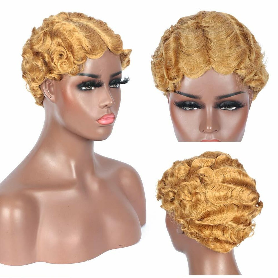 Finger Wave Wig Brazilian Short Pixie Cut Human Hair Wig Blonde Machine ...