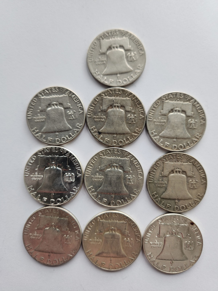 FRANKLIN HALF DOLLARS 50c LOT OF 10 1/2 ROLL MIX OF YEARS DECENT GOOD ...