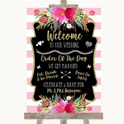 Gold & Pink Stripes Welcome Order Of The Day Personalised Wedding Sign ...
