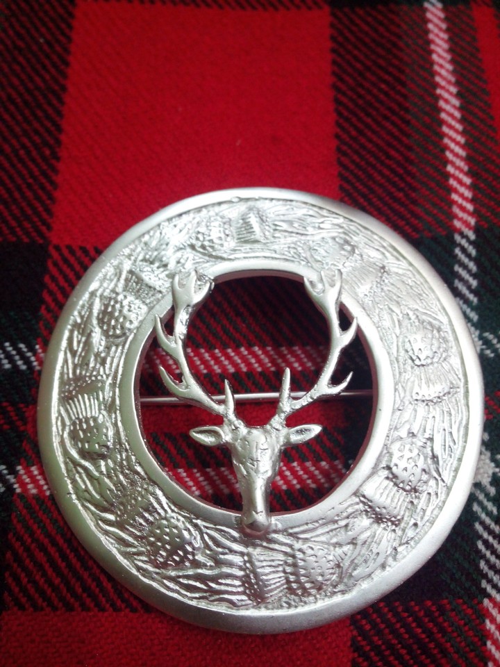 TC Men’s Kilt Fly Plaid Brooch Stag Head Silver Plated/Kilt Fly Plaid ...