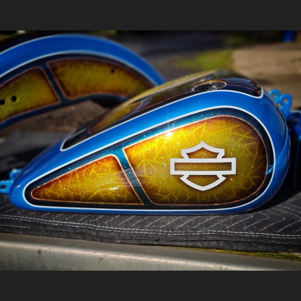 Harley Davidson Dyna Custom Paint Tin Set Tank & Fenders Blue & Gold ...