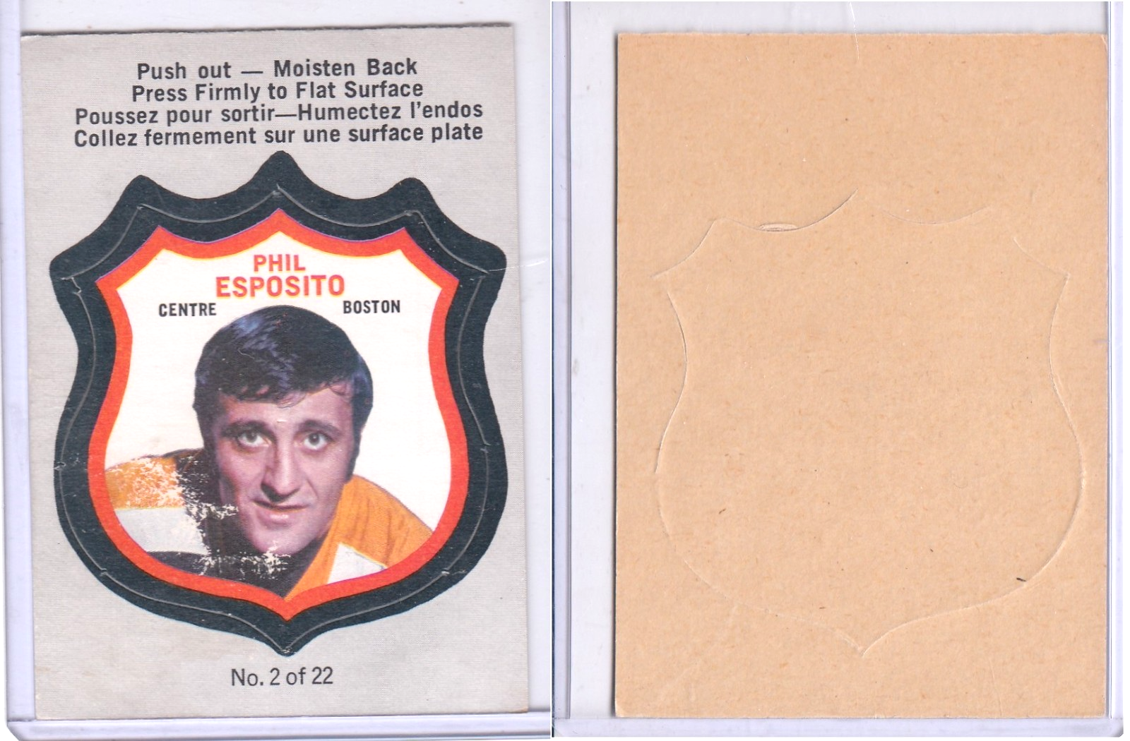 1972-73 OPC INSERT CREST # 02 PHIL ESPOSITO BOSTON BRUINS PUSH OUT HIGH ...