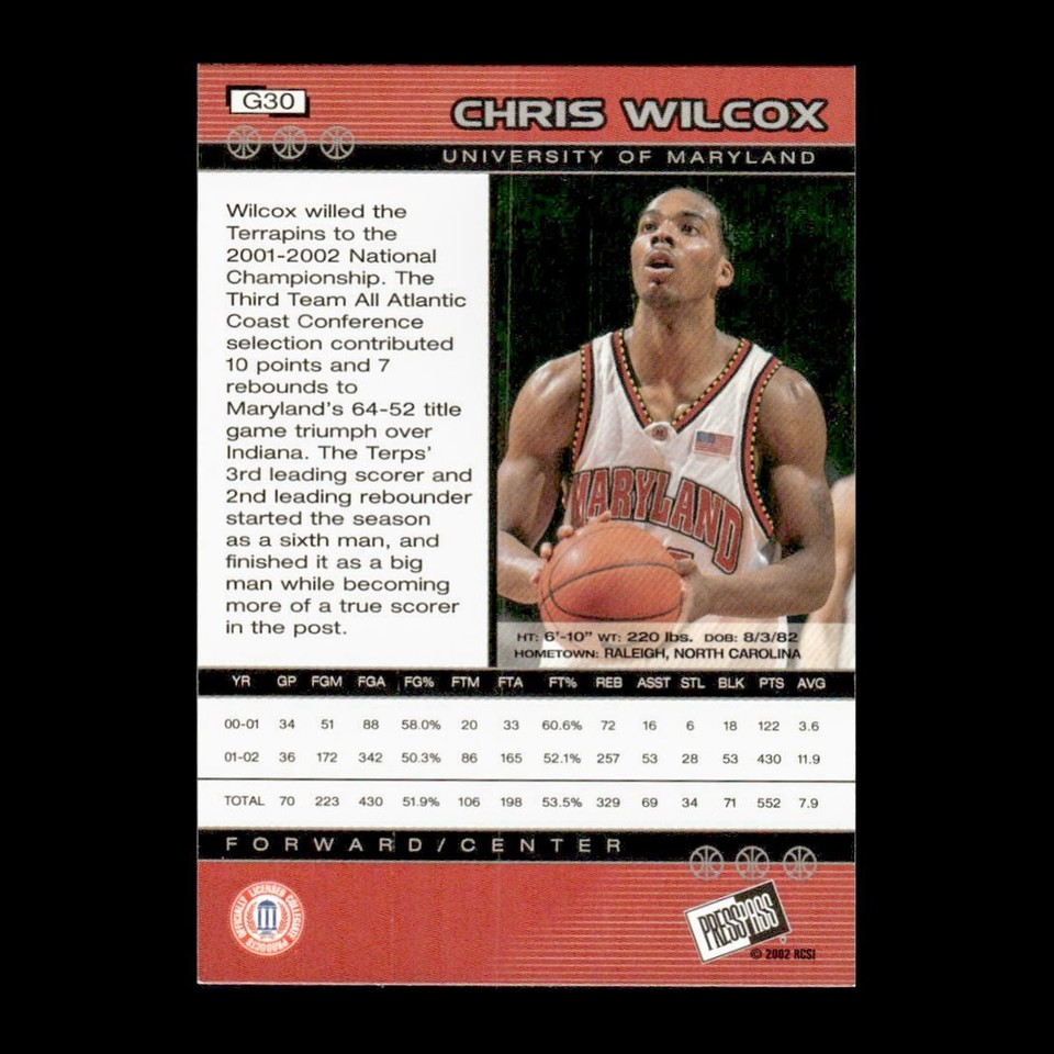 Chris Wilcox 2002-03 SAGE HIT Maryland Terrapins #G30 R331I 4 | eBay