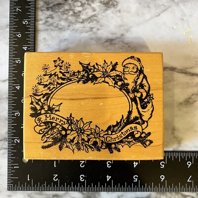 PSX rubber stamp A MERRY CHRISTMAS K-352 Santa Holly Poinsettia frame ...
