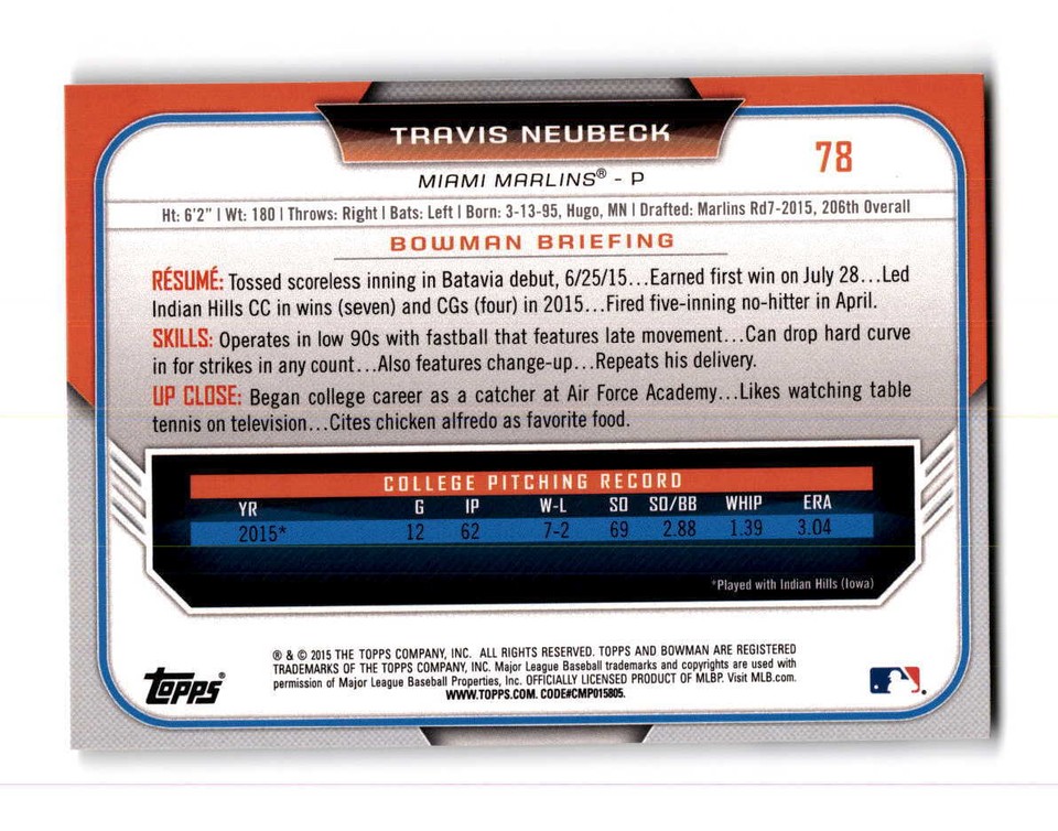 2015 Bowman Draft Travis Neubeck 78 | eBay
