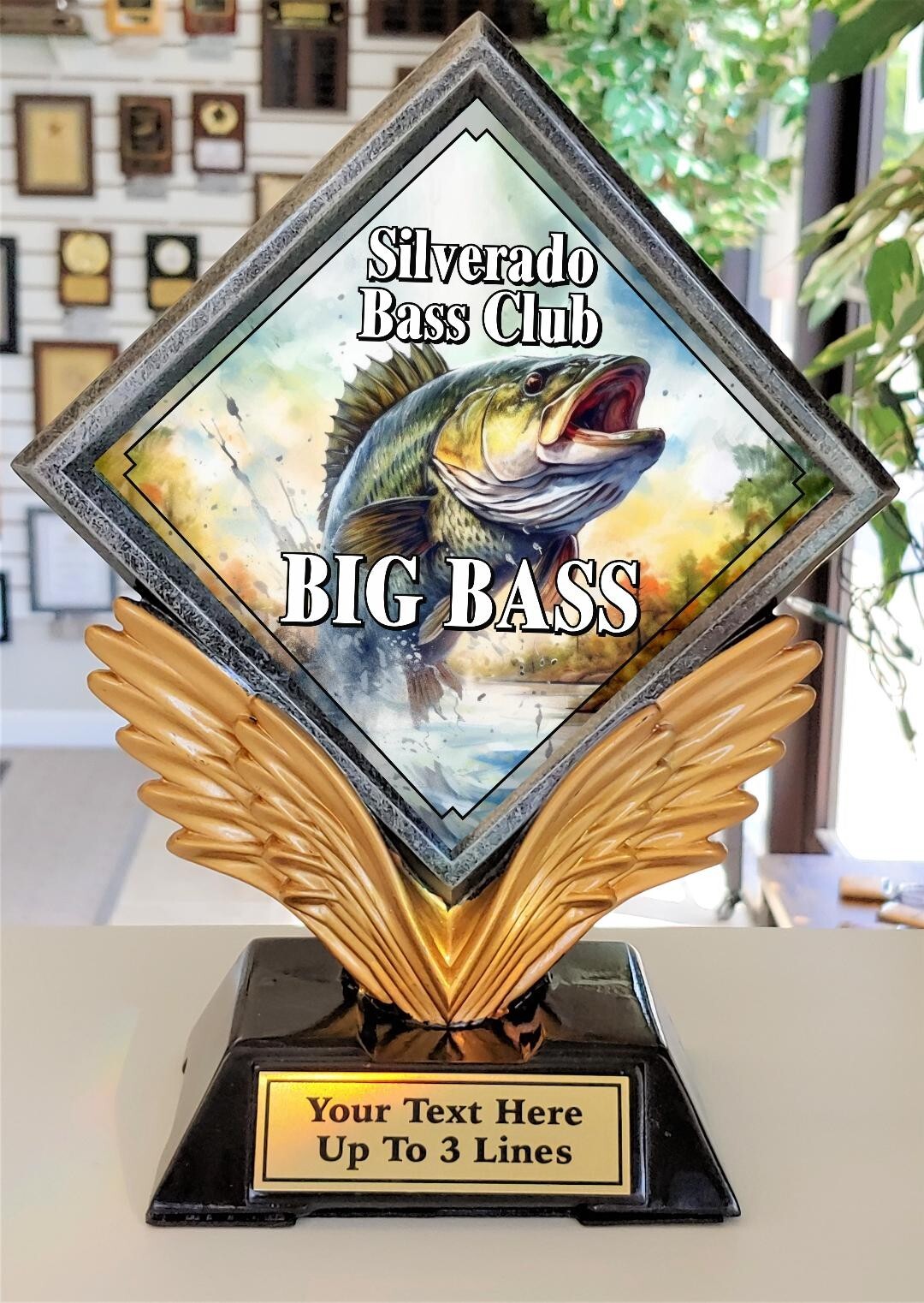 BASS FISHING TROPHY LARGE RESIN DIAMOND 7" TALL FREE TEXT P~55407GS ...