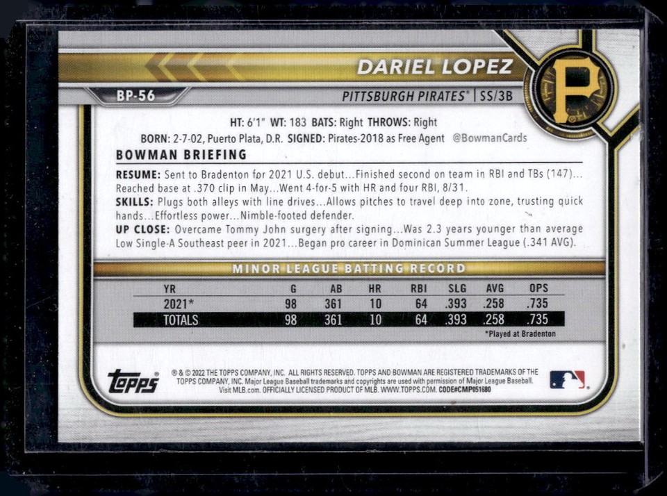 2022 Bowman #BP-56 Dariel Lopez Prospects | eBay