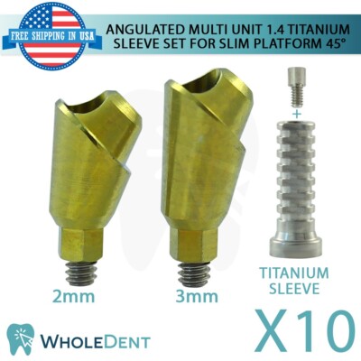 10 Angulated Multi Unit 45°1.4mm Slim Abutment Titanium Sleeve Set Int ...