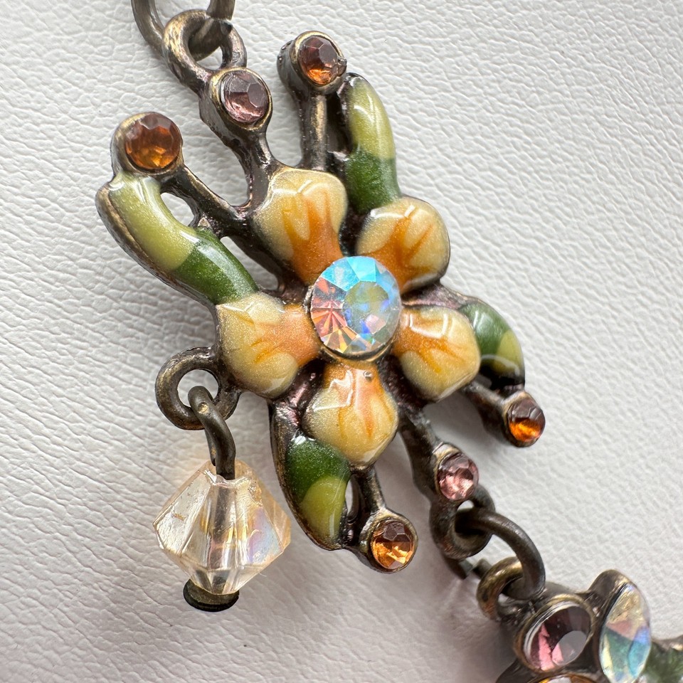 Vintage 80s Sorrells Earth Tone Enamel Floral & Crystal Dangle Necklace ...