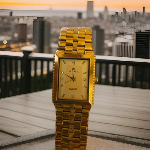 Vintage Mema Goldtone Watch Japan Quartz Tank 8.5" WRIST Fresh Battery ...