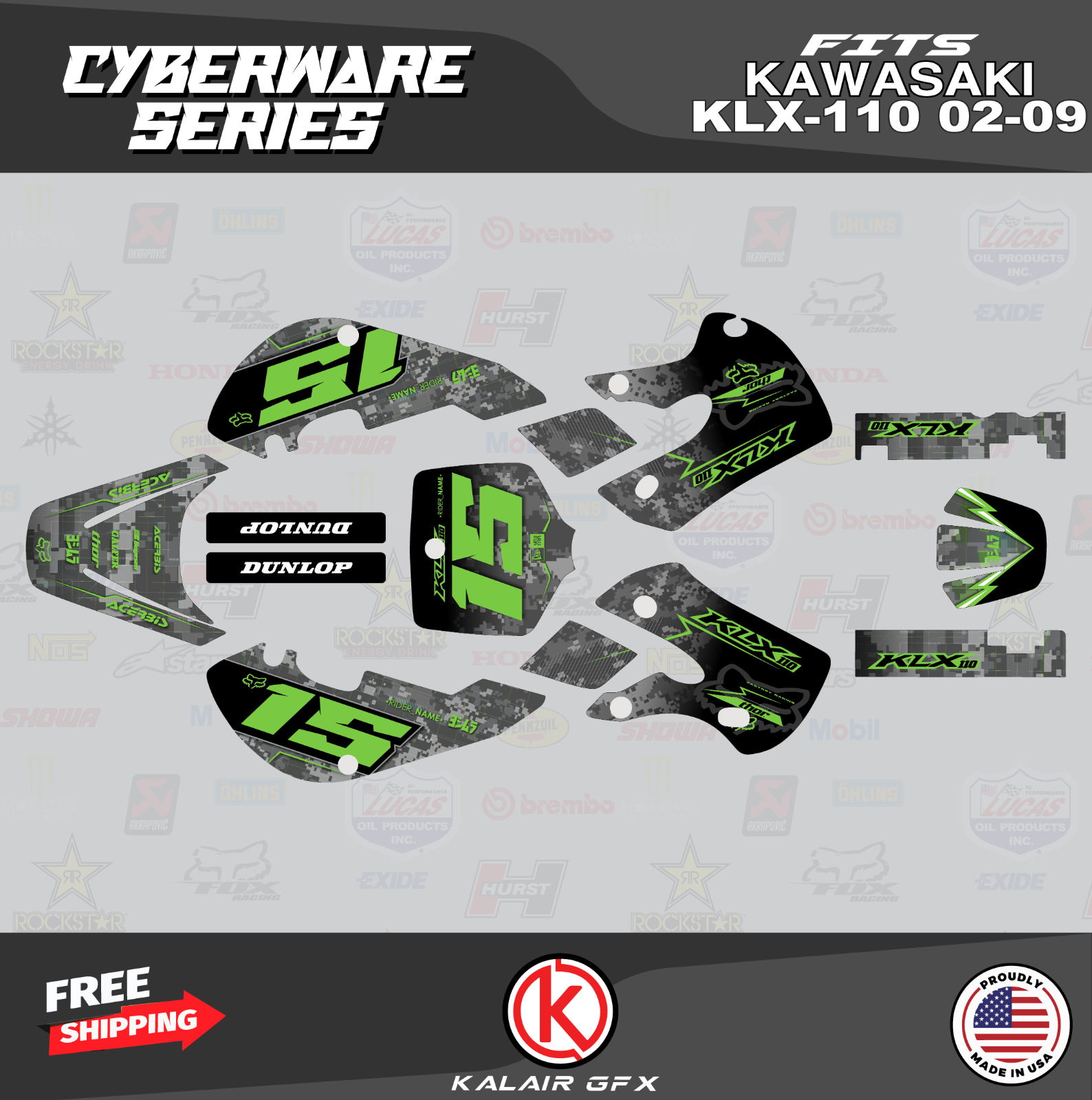 Graphics Kit for Kawasaki KLX110 (2002-2009) KLX 110 Cyberware Series ...