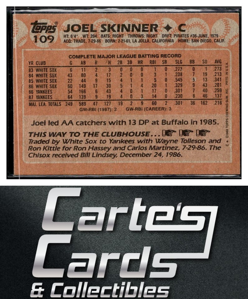 Joel Skinner 1988 Topps #109 New York Yankees TTM/IP Signed Autographed ...