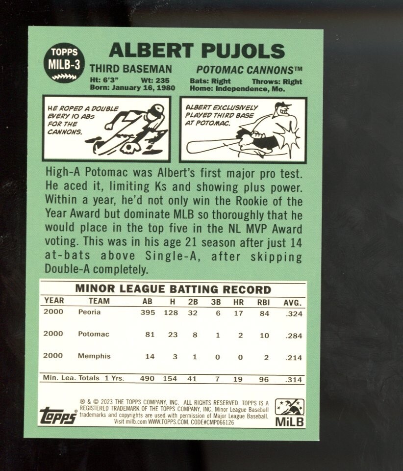 2023 Topps Pro Debut MiLB Legends Albert Pujols Potomac Cannons #MILB-3 ...