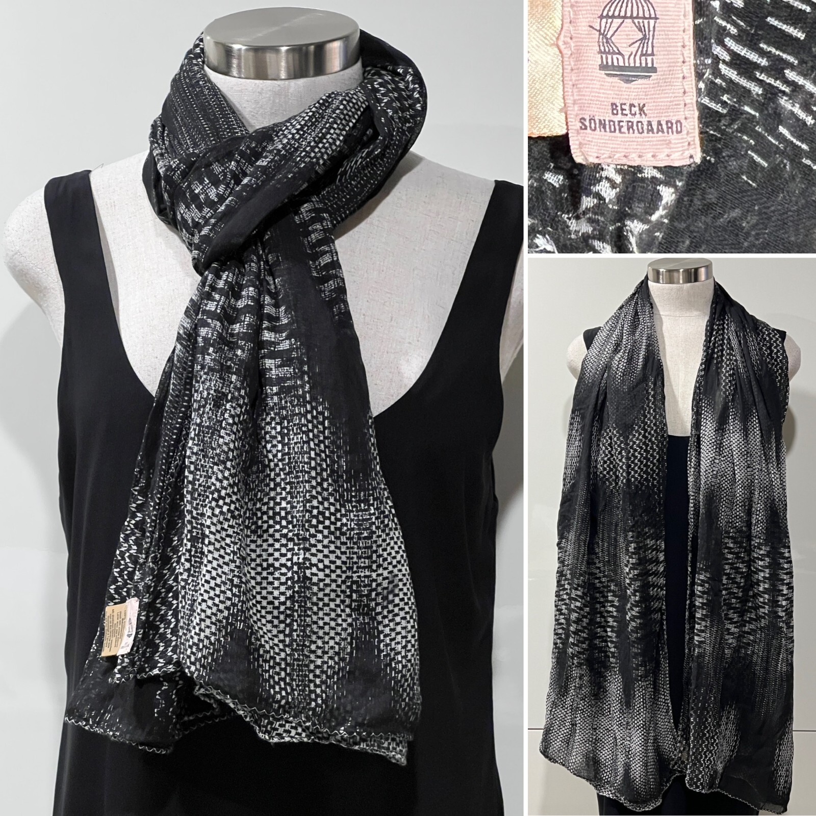 BECK SONDERGAARD Black/White Zig Zag Striped Cotton Scarf 102x180cm Handroll Hem | eBay