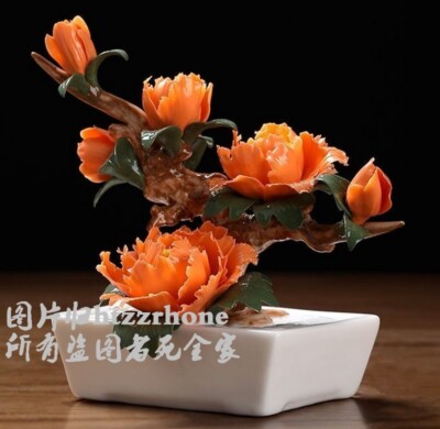 Ceramic Orange Color Peony Flower Bonsai Statue Handcraft Home Office ...