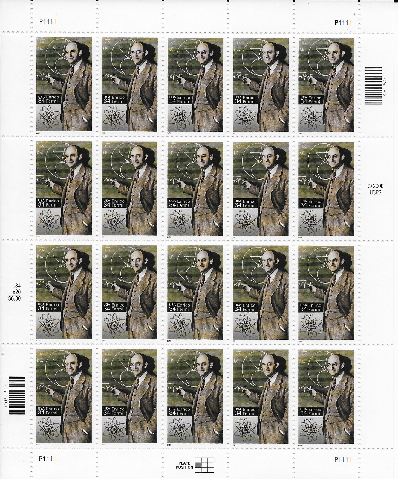 US Scott 3533, Enrico Fermi, Physicist. 2001, Full mint sheet of 20, NH ...