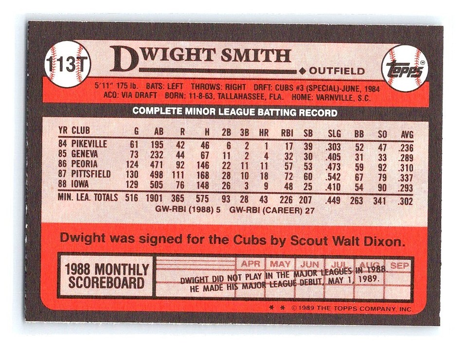 1989 Topps Traded Rookie Dwight Smith Chicago Cubs #113T | eBay