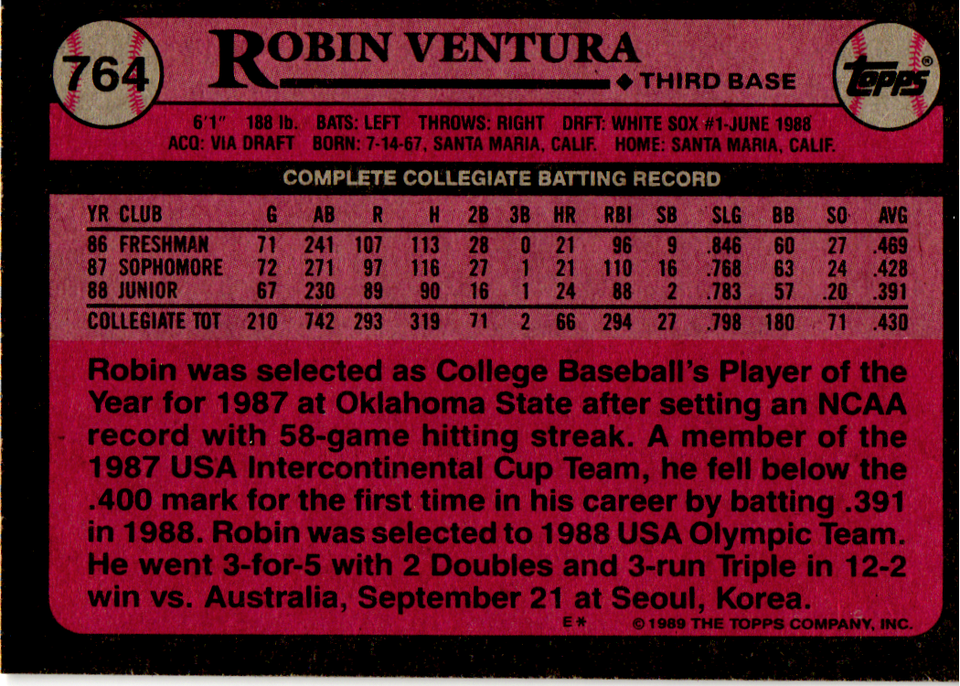 1989 Topps Robin Ventura 1st RD Draft Pick RC Rookie White Sox #764 | eBay