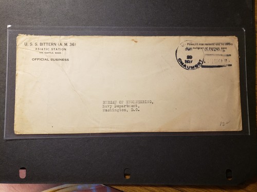 USS BITTERN AM-36 Official ASIATIC STATION Naval Cover 1927 SHANGHAI ...