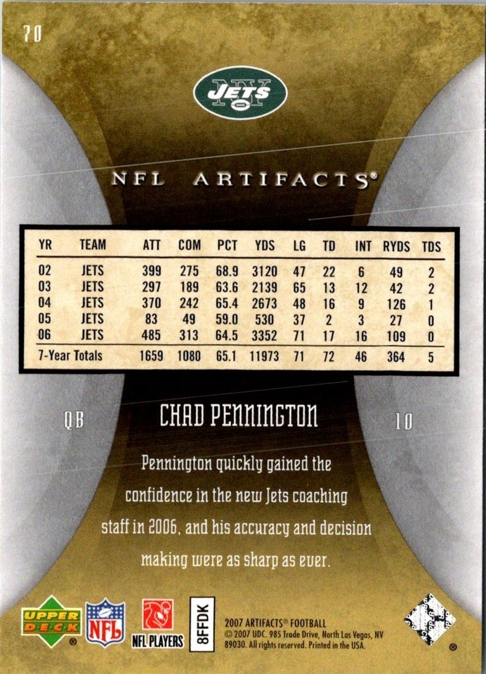 2007 Upper Deck Artifacts Chad Pennington #70 New York Jets Football ...