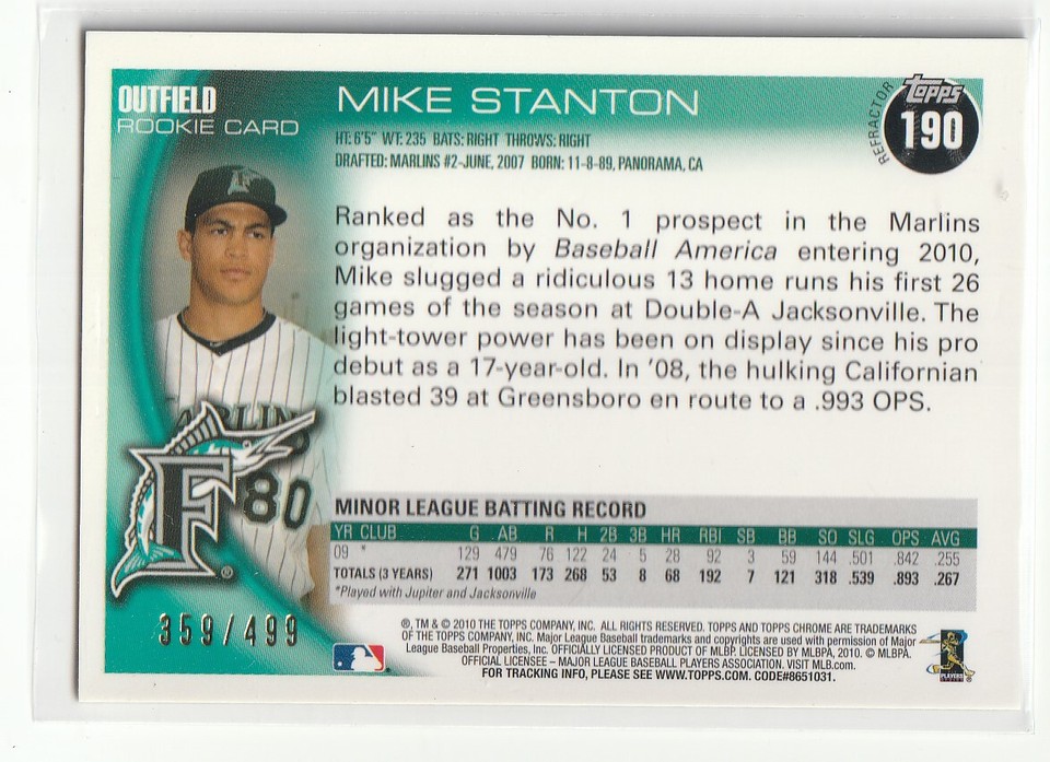 MIKE GIANCARLO STANTON FLORIDA MARLINS 2010 TOPPS CHROME #190 RC AUTO ...