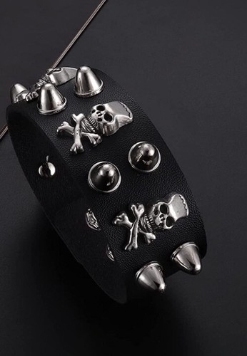 Punk Goth Bracelet Unisex Black Leather Spike Rivet Metal Studded ...