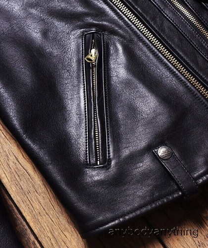 Mens Cowhide Full Grain Leather Retro Biker Motorcycle Zipper Jacket ...