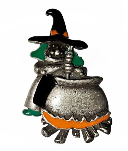 Witch Brooch Stirring Cauldron Pot Silver Tone Pewter Enamel Pin ...