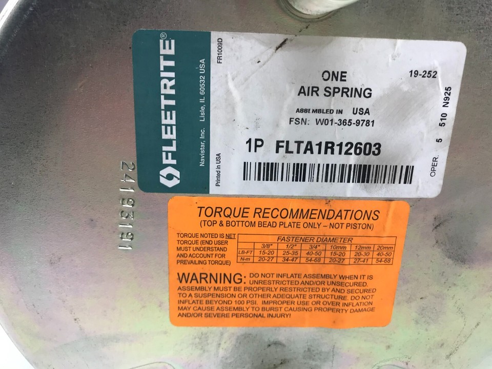 GENUINE OEM FLEETRITE Suspension Air Spring FLTA1R12603 W013659781 FAST ...
