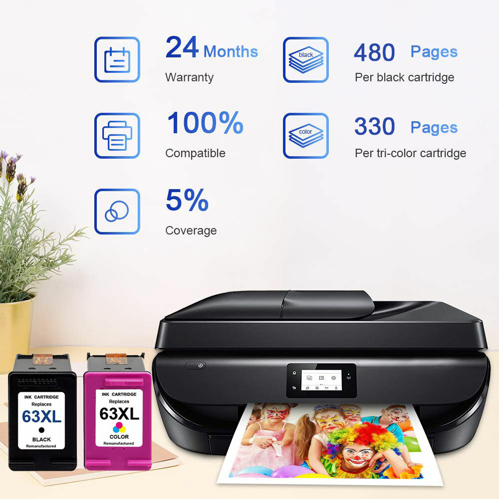 #63 XL 2 Black Ink Cartridge For HP ENVY 4512 4513 OfficeJet 3830 3834 ...