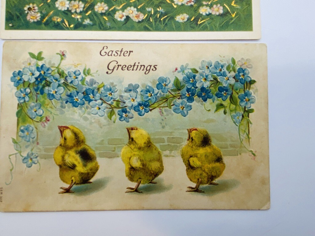 LOT 2 VTG Victorian Antique Easter Postcard Chicken Chick Pulling Egg ...