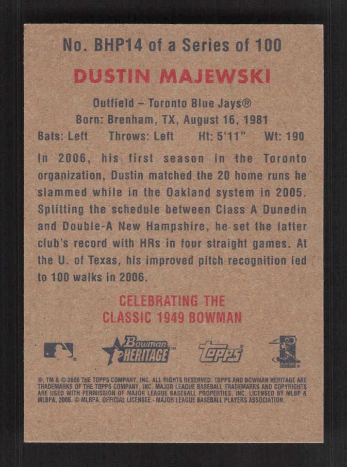 Dustin Majewski 2006 Bowman Heritage Prospects Toronto Blue Jays #BHP14 ...