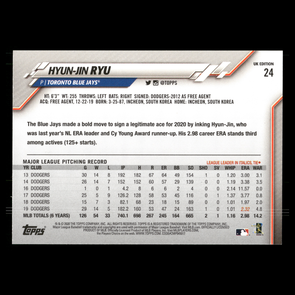 Hyun-Jin Ryu #24 2020 Topps UK Edition Toronto Blue Jays Baseball Card ...