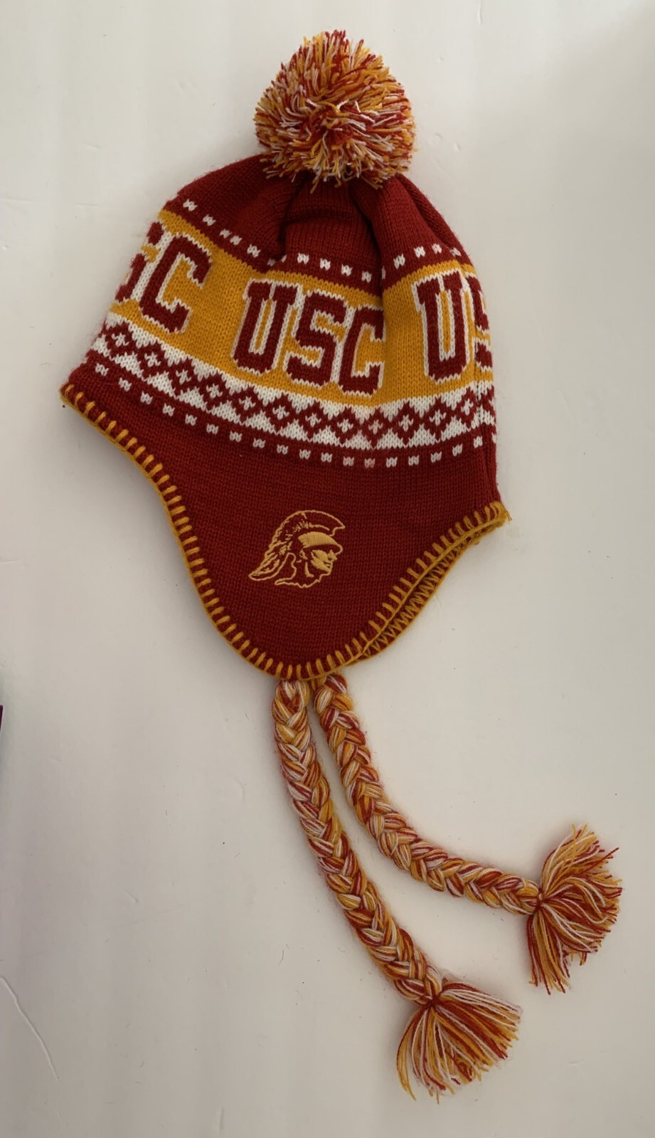 USC Knit CAP OS Ear Flaps Braids Pom TROJANS University Southern ...