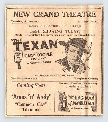 1930 GARY COOPER THE TEXAN MOVIE AD Vintage 4.5"X5" Newspaper 1930's ...