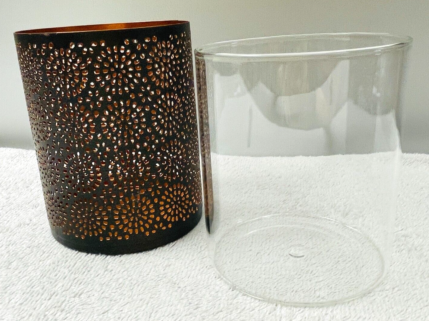 EUC Metal Cutout Candle Lantern/Votive, Glass Insert, Floral Design, 5 ...