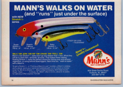 Mann Fishing Lures Print Ad Super Stretch, Baby Stretch c1990 Man Cave ...
