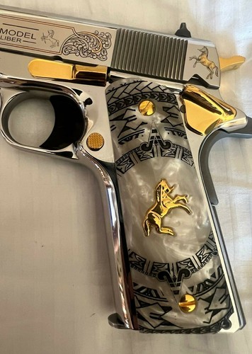 1911 Colt Gold Horse Plated Pearl Aztec Motif Engraved grips 45 38 ...