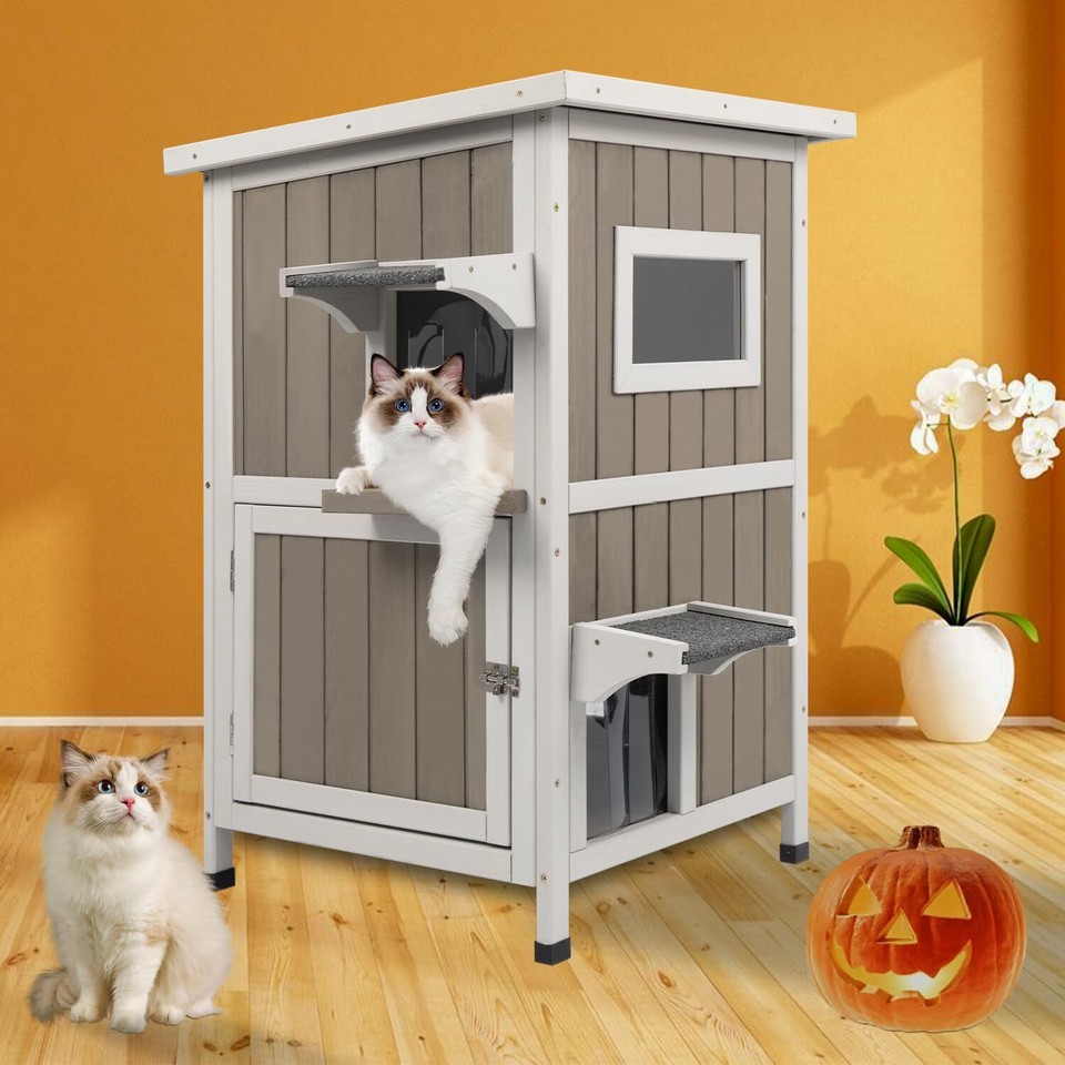 Petscosset Outdoor Cat House Two Story Wooden Feral Cat Shelter with ...