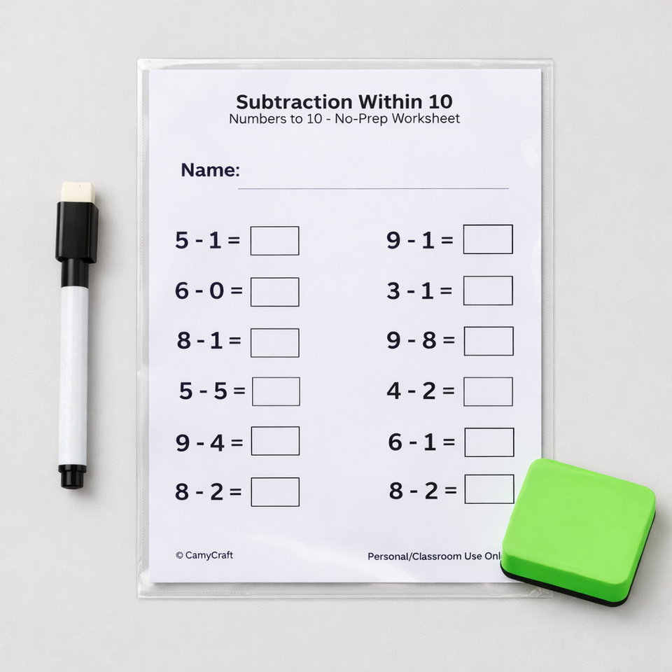 Laminated Subtraction Worksheets 0–10 KS1 Pack of 10 with Pen & Eraser ...