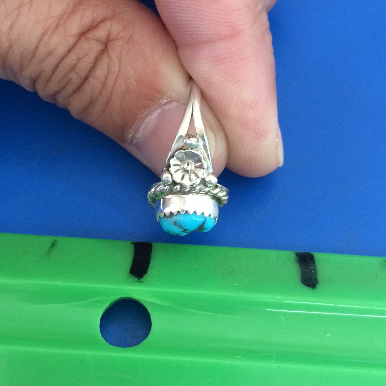 Native Ring Sterling Silver Blue Turquoise Double Flower Indian FREE ...