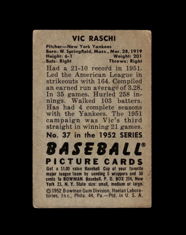 1952 Bowman Set-Break # 37 Vic Raschi LOW GRADE *GMCARDS* | eBay