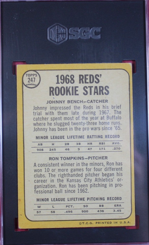 1968 TOPPS JOHNNY BENCH #247 SGC 3 VG CINCINNATI REDS HOF *ROOKIE CARD ...