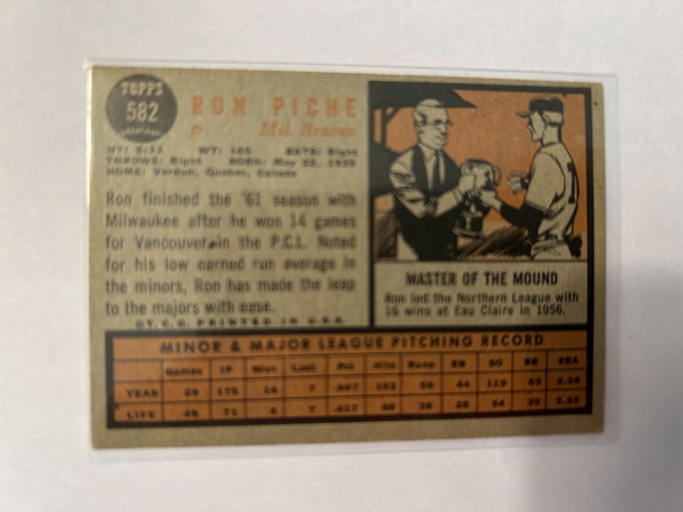 1962 TOPPS BASEBALL #582 RON PICHE, BRAVES, No creases | eBay