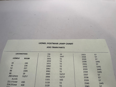 LIONEL POSTWAR LAMP CHART , 2 SIDES OF INFO | eBay