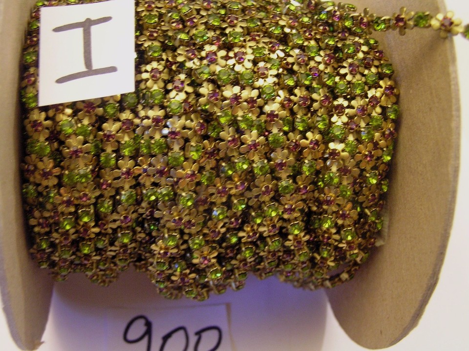 Foot Vtg RARE 6mm Flower Rhinestone Swarovski Crystal Brass Chain Craft ...