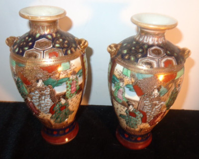 c.1890 Pair Meiji Japanese Porcelain Satsuma Vases w/ Morriage & Fine ...