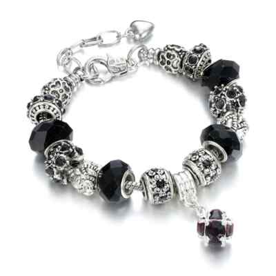 Black Bracelet W/ Charms Girl Women Crystal Bead Pandora Type ...