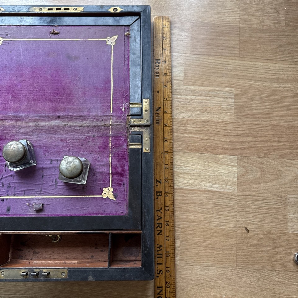 Burl Hardwood Hinged Personal Writing Chest w. Ink Bottles 14 X 9 X 5 ...